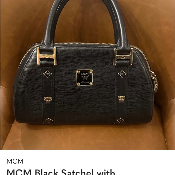 MCM | Bags | Mcm Black Leather Satchel With Gold Accents | Poshmark